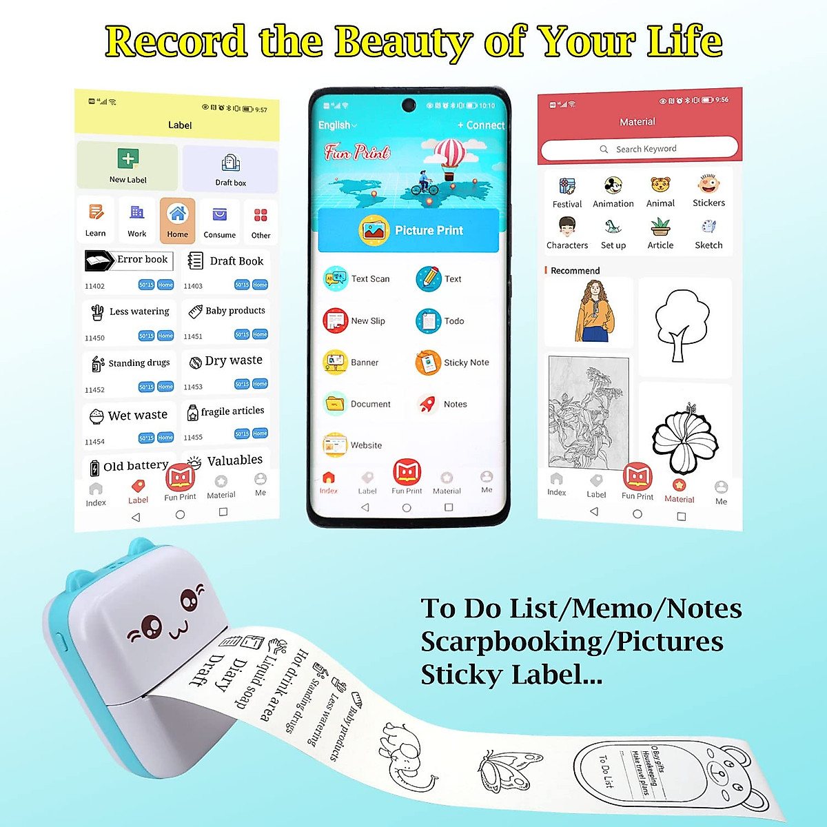 Vicbear Mini Pocket Printer, Portable Thermal Printer with 8 Rolls Printing Paper, Bluetooth Wireless Tiny Printer for Photos/Stickers/Labels/Notes/Receipts, Compatible with iOS and Android, Blue