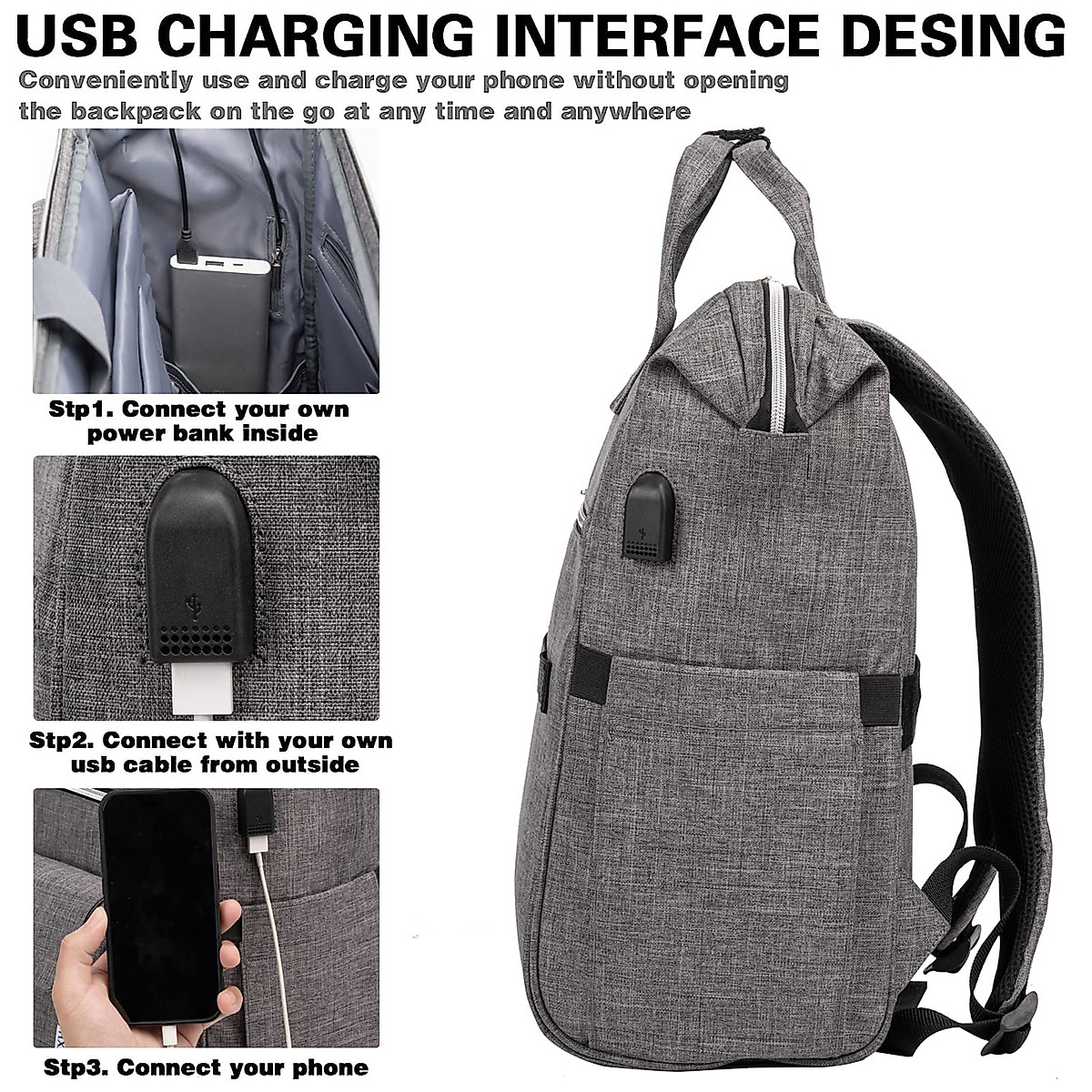 HXLGMD 15.6 Inch Laptop Backpack for Women Men 2 PCS Set Convertible Travel Work Backpack Professional Teacher Nurse Bag Daypack Purse with USB Port for Business College -Grey