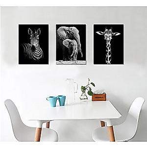 Visual Art Decor Black and White African Wildlife Canvas Wall Art Animal Zebra Giraffe Elephant Portrait Picture Poster Artwork for Home Living Room Bedroom Room Kids Room Office Wall Decoration Ready to Hang