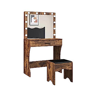 Vanity Desk with Mirror and Lights, Vanity Set Makeup Vanity Table with Adjustable Lights One Drawer Storage Makeup Table with Stool Vanity Desk for Bedroom (Brown)