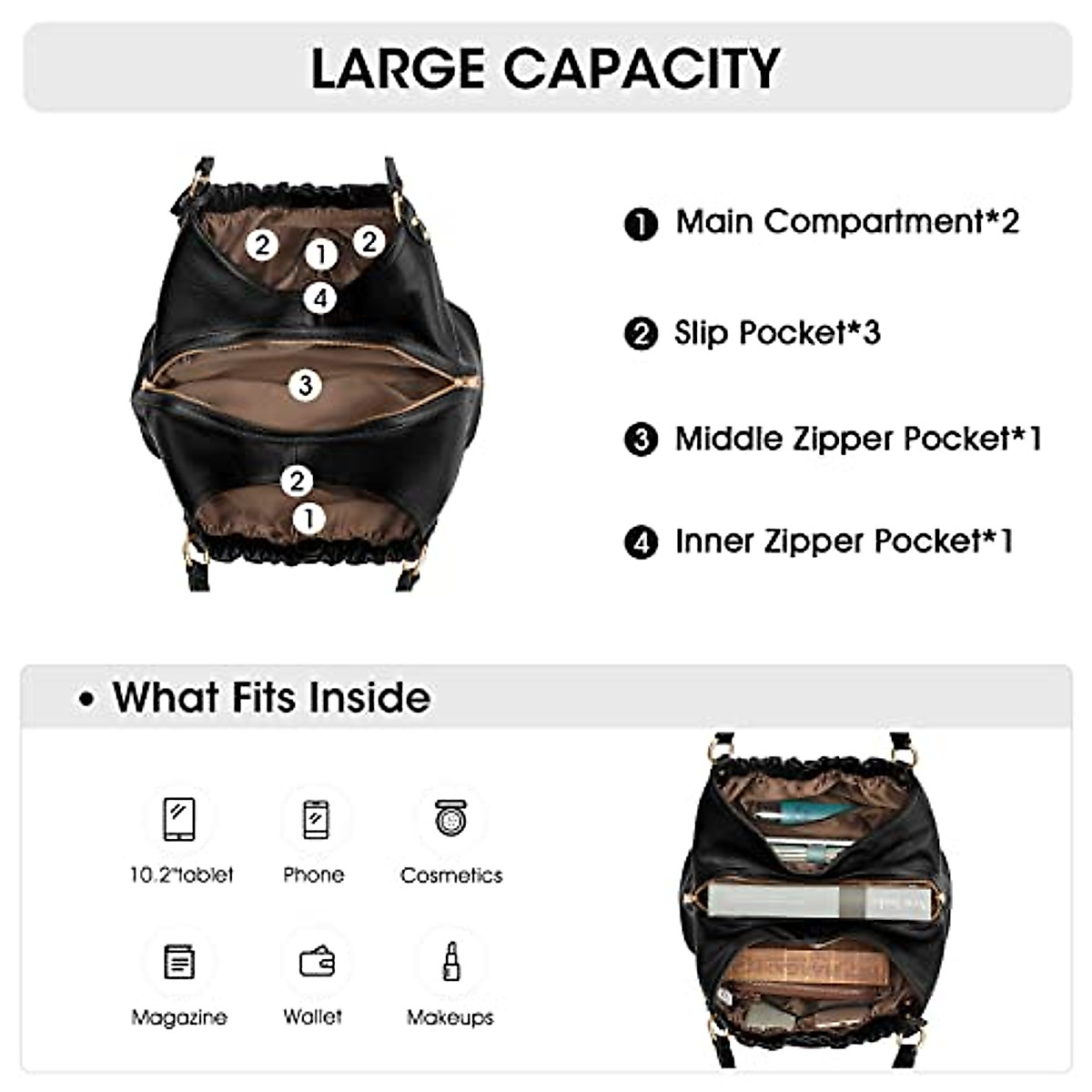 Kattee Soft Women Genuine Leather Hobo Totes Purses and Handbags Satchel Top Handle Shoulder Bags (Black)