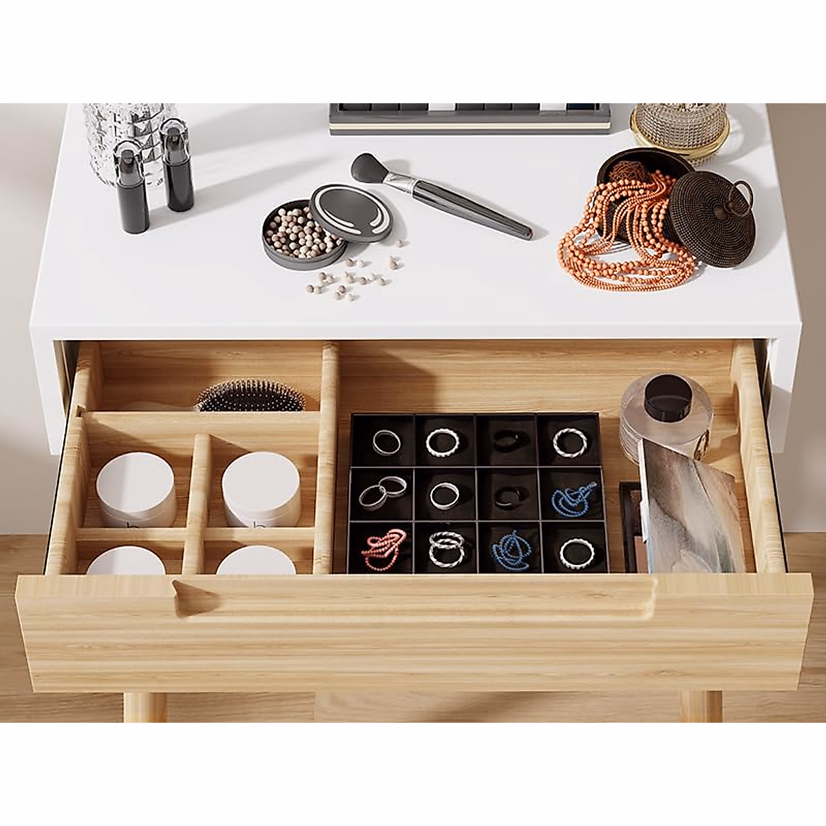 ARTETHYS Small Vanity Desk Set with 3 Adjustable Lighted Mirror and Storage Shelf White Tiny Vanity Table with Drawer for Bedroom 24 Inch Makeup Vanity Compact Dressing Table for Small Space