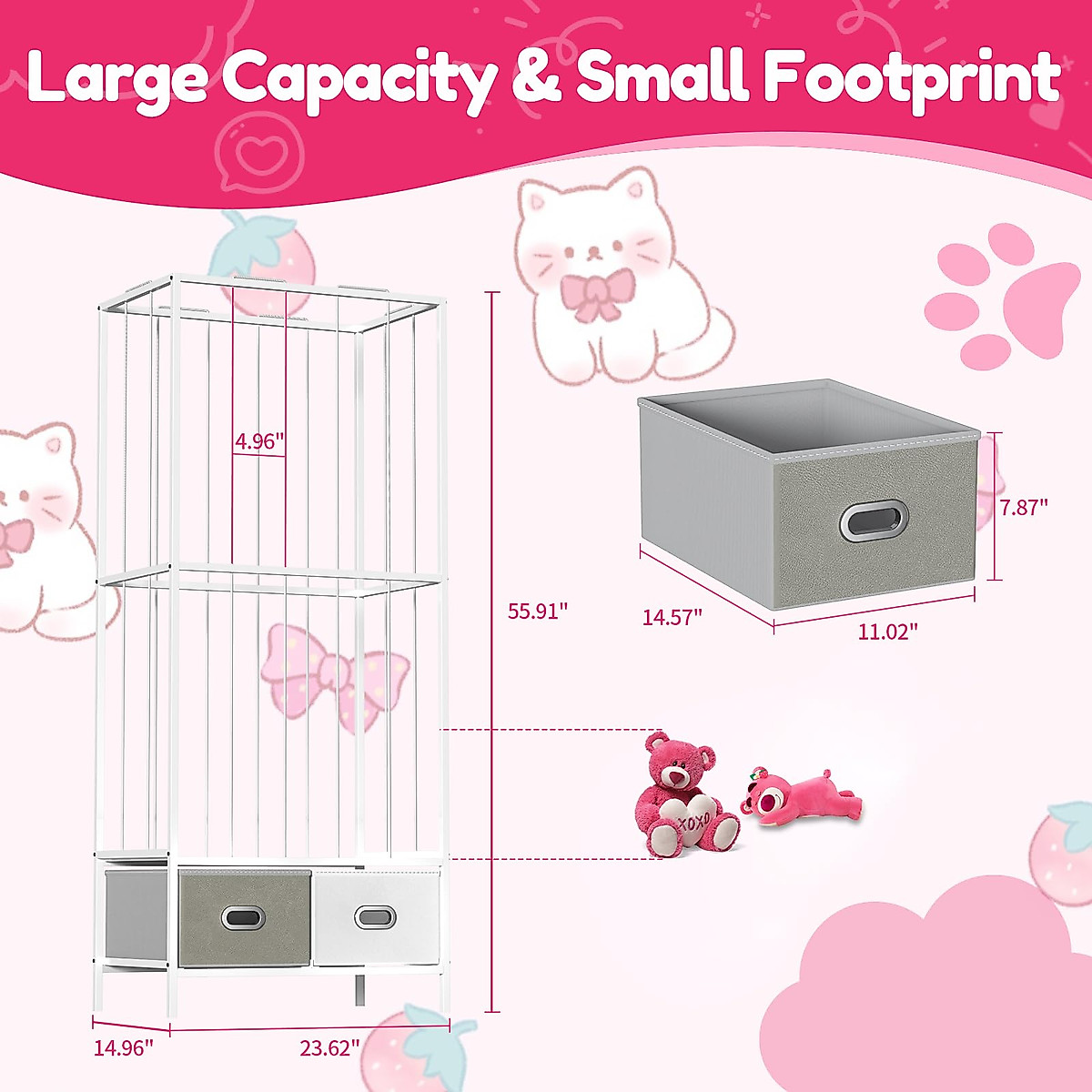 MJOMKN Metal Stuffed Animal Storage, Large Stuffed Animal Zoo, Toy Organizer and Storage with Elastic String and 2 drawers, Stuffed Animal Organizer and Holder in Playroom, Bedroom, Nursery