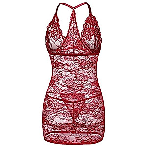 Gladiolus Sexy Womens Lingerie Strap Lace Mini Dress Babydoll Teddy Nightwear Dark Red S
