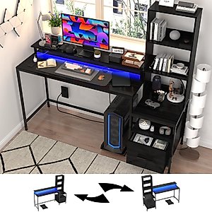 RUPOLX Black Desk with File Drawers, Computer Desk with Power Outlet and Monitor Shelf, Home Office Desk with Storage Shelves, Gaming Desk with Led Lights