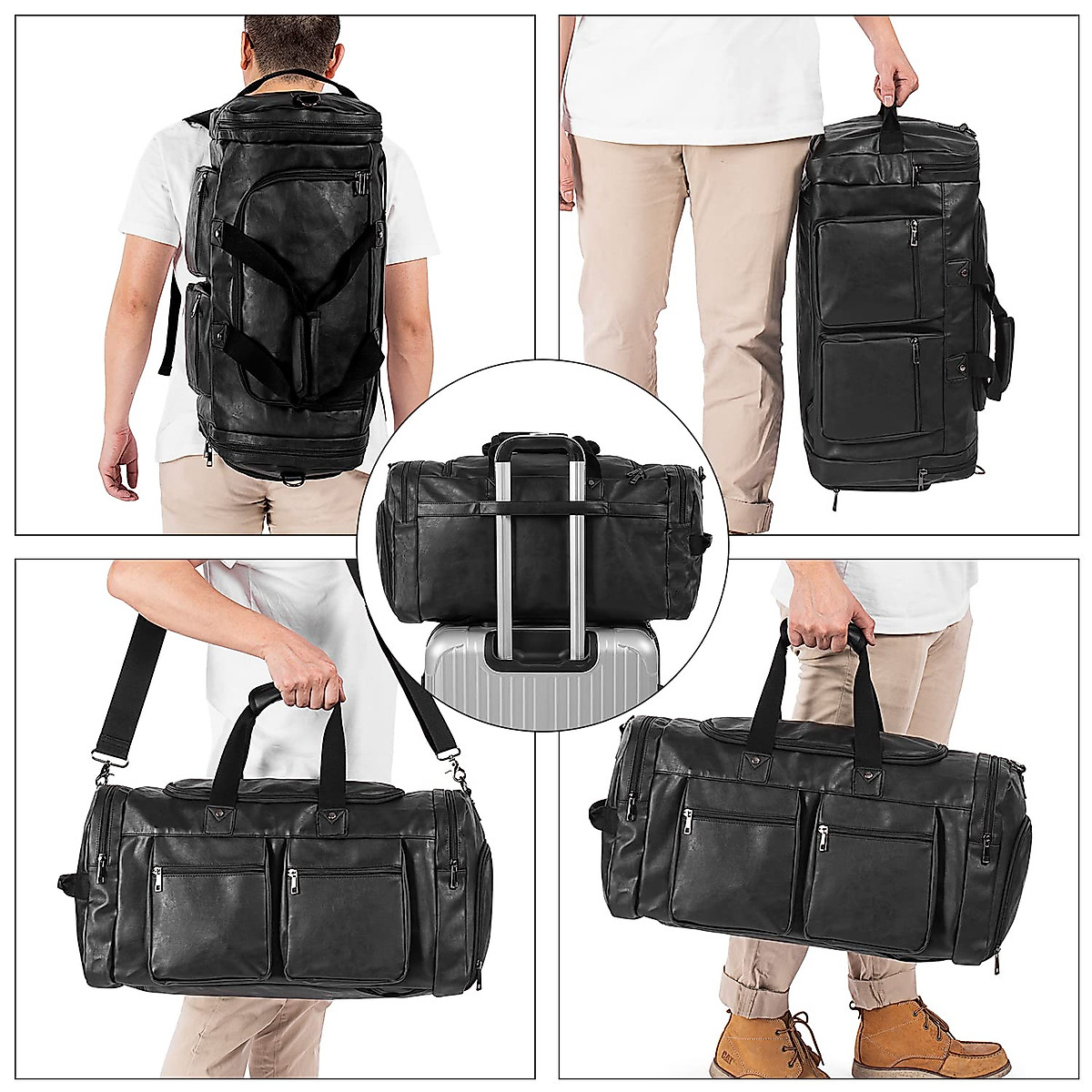 Gym Duffle Bag Backpack, Leather Duffel Bags for Traveling Sports Bag Overnight Bag Backpack with Shoe Compartment Weekender Bag for Men Women-Black