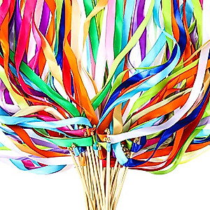 100 Pieces Mix Color Ribbon Sticks Wedding Party Streamers Fairy Wand Chromatic Silk Ribbon and Bell Wands Multicolor Hand Held Ribbons for Dance Wedding Party Celebration Holiday Activities