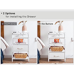 Labcosi White Nightstands with Fabric Drawer, 25" Tall Bedside Table with Charging Station, Bedroom End Tables and Dresser, 2 Pack