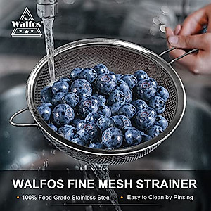 Walfos Fine Mesh Strainers Set, Premium Stainless Steel Colanders and Sifters, with Reinforced Frame and Sturdy Handle, Perfect for Sift, Strain, Drain and Rinse Vegetables, Pastas and Tea - 3 Sizes