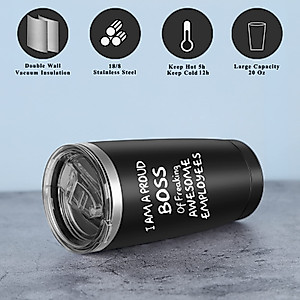 Cosictic I Am A Proud Boss Of Freaking Awesome Employees Travel Tumbler, Funny Birthday Bosses Day Gift for Men Boss Manager Director Leader, 20 Oz Insulated Stainless Steel Tumbler with Lid, Black