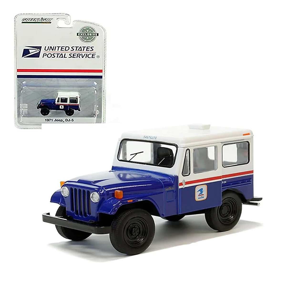 Greenlight 29998 United States Postal Service (USPS) 1971 Jeep Dj-5 Postal Mail Delivery Vehicle Hobby Exclusive 1/64 Diecast Model Car, Blue