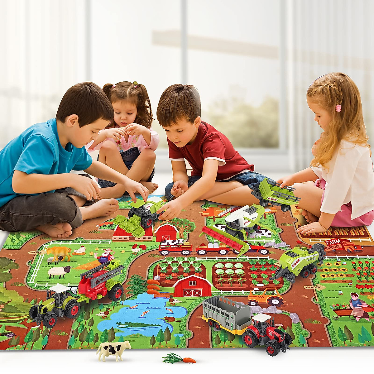 Oriate Farm Tractor Set 34 Piece Die Cast Vehicle Value Playset, Large Size 4.8" Tractors Toy Kids Birthday Gift, Farm Play Mat Tractors Animals Trailer Toys, Farm Equipment Accessories