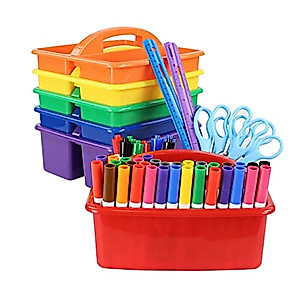CraftyBook Art Supply Storage Organizer Set - Colorful Assorted Set of 6 Bin Baskets Stackable Plastic Classroom and Utility Caddy Organizer with Handles and 3 Compartments