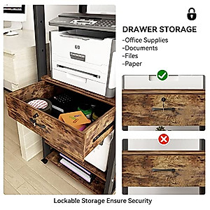 Natwind 4-Tiers Home Office Printer Stand Rack with Drawer Mobile Double Printer Cart with Adjustable Shelves Large Storage Rack on Wheels for Home Office Study Kitchen (Retro)