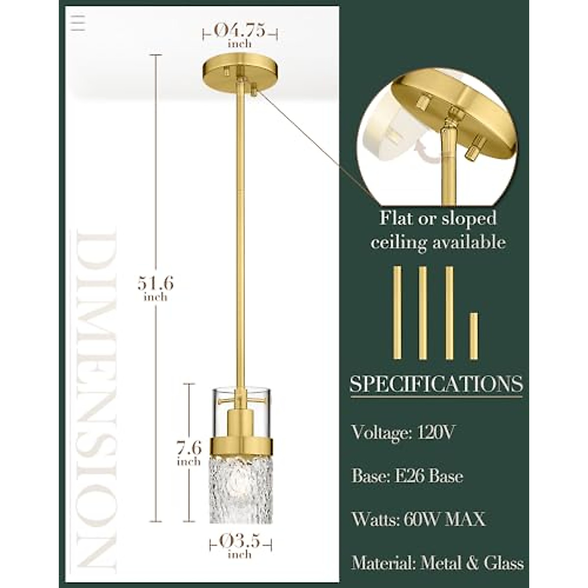 LMS Gold Pendant Light, 1-Light Pendant Lighting for Kitchen Island with Hammered Glass, LMS-171