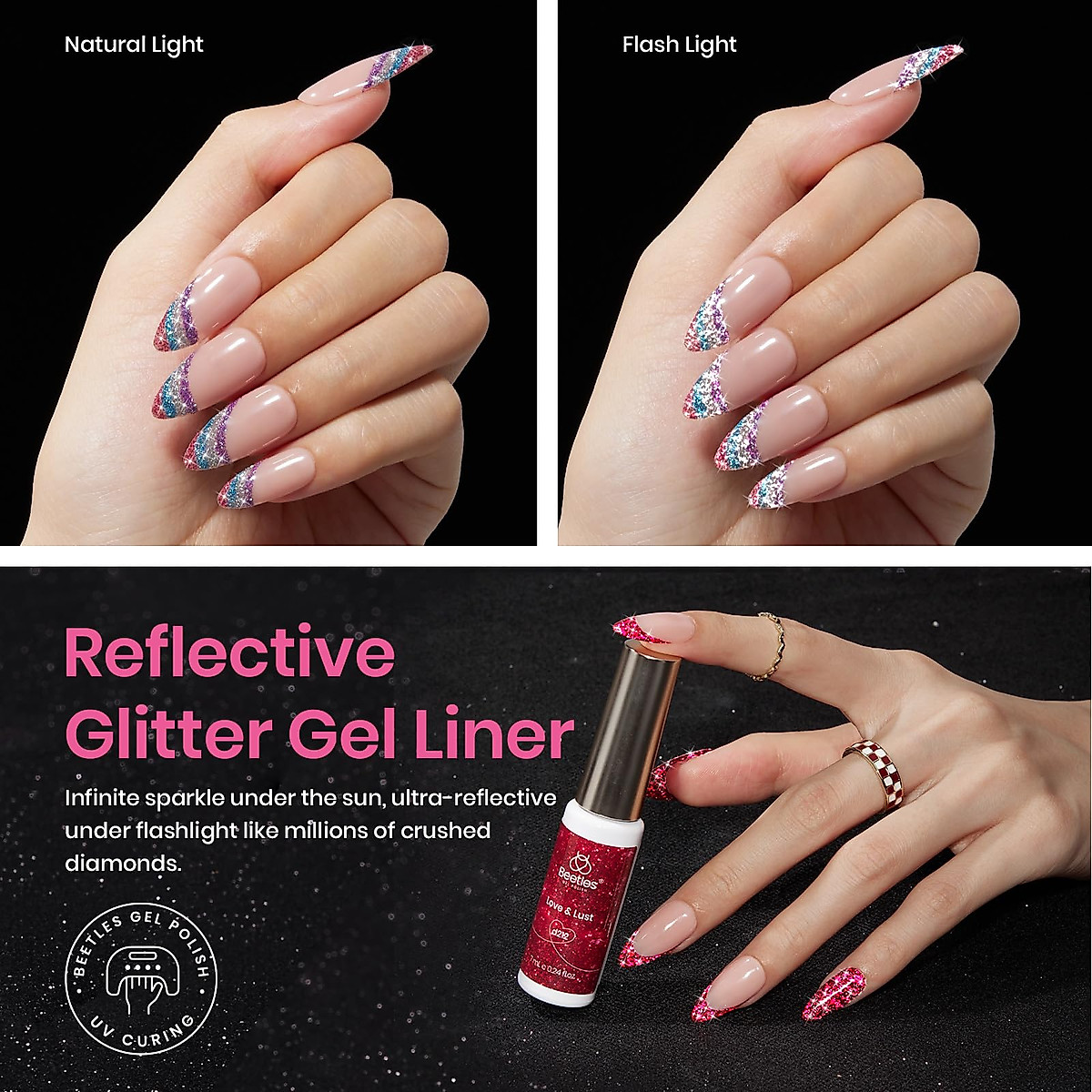 beetles Reflective Glitter Nail Art Gel Liner, 6 x 7ml Gel Nail Polish Built in Thin Brush, Soak off Curing Nail Gel for French Tip Nails Design Sparkle Under Light Flash Diamond Painted Polish