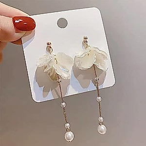 KRUCKEL White Pressed Flower Dangle Earrings | Golden Studs with Pearl like Drops | Hypoallergenic, Lightweight Jewelry for Women | Sparkle at Birthday, Anniversary, Graduation, Wedding