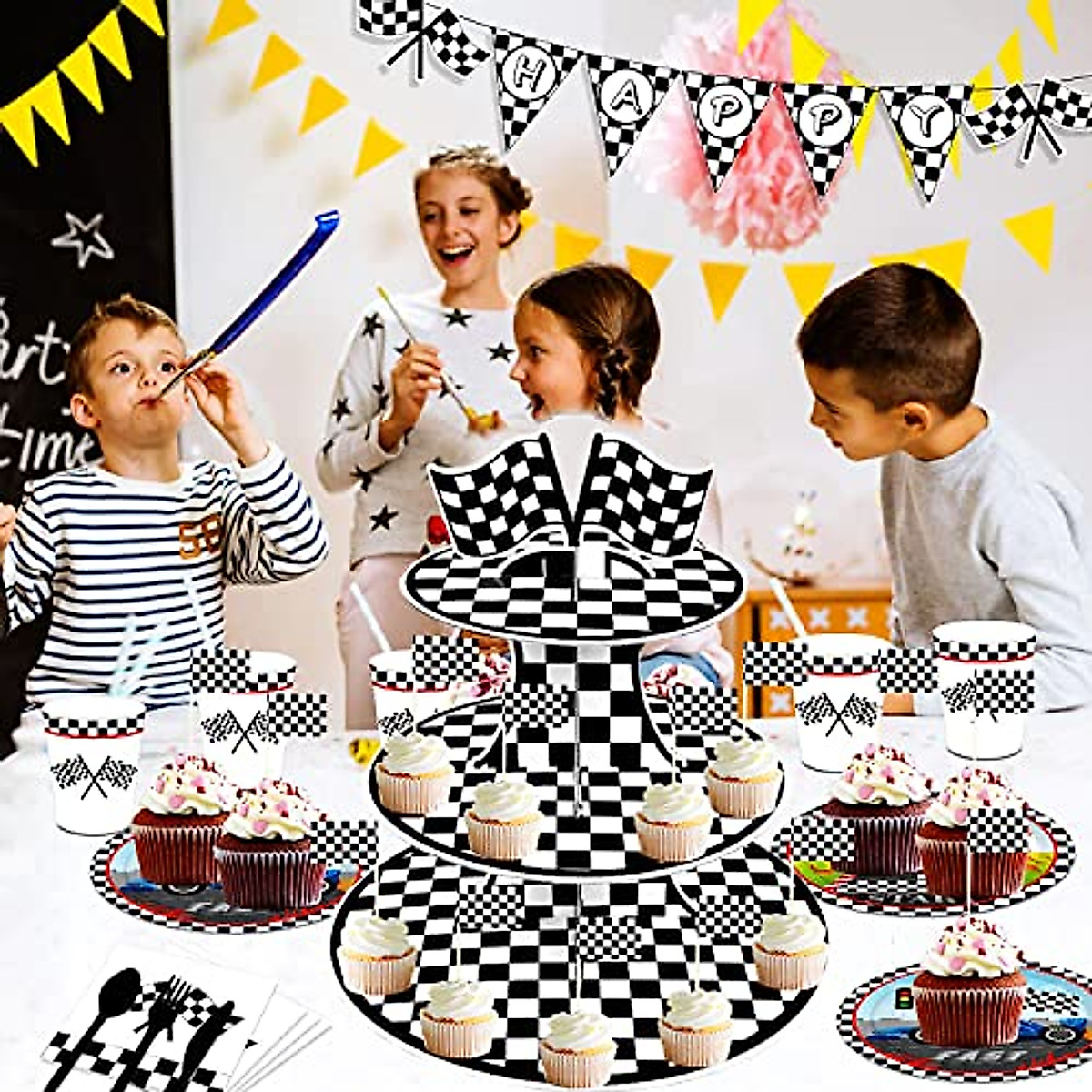 3-Tier Racing Car Theme Cardboard Cupcake Stand/Tower Black and White Checkered Cupcake Stand,24Pcs Racing Flag Cupcake Toppers,Racing Car Party Supplies Black and White Checkered Birthday Party Decor