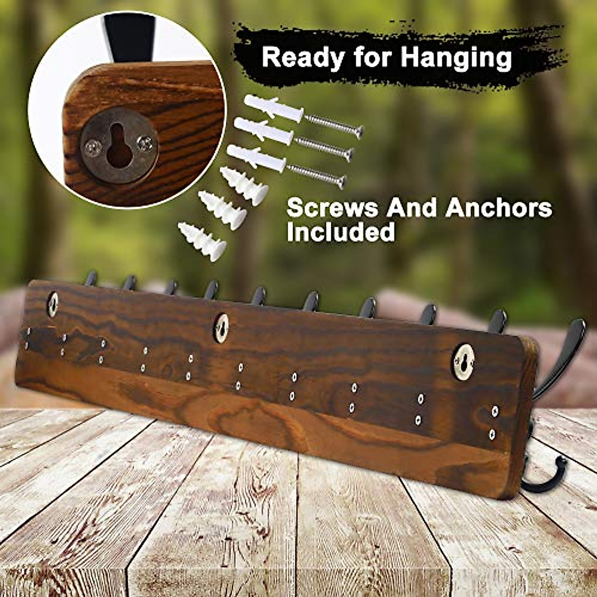 Dseap Coat Rack Wall Mounted - 10 Tri Hooks, 38-1/4" Long, Heavy Duty Wooden Wall Coat Hanger Coat Hook for Clothes Hat Jacket Clothing, Natural & Black