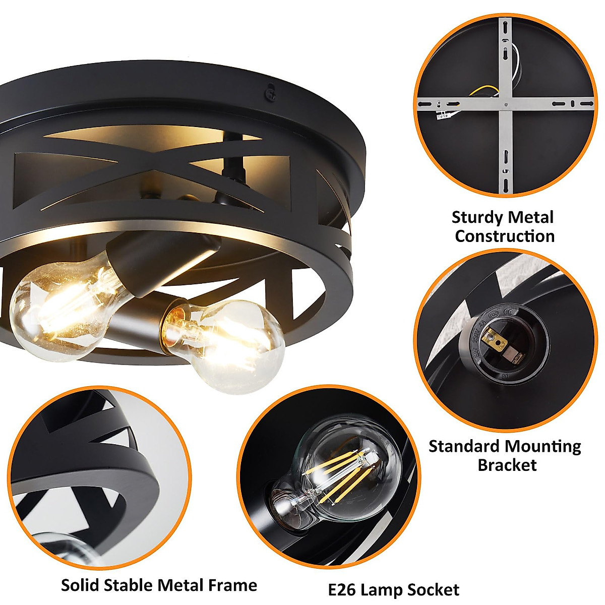 2-Light Black Flush Mount Ceiling Light Fixtures, Industrial Farmhouse Ceiling Light Fixture, Light Fixtures Ceiling Mount, Vintage Closed to Ceiling Mount Lamp for Hallway Kitchen Bedroom 2 Pack