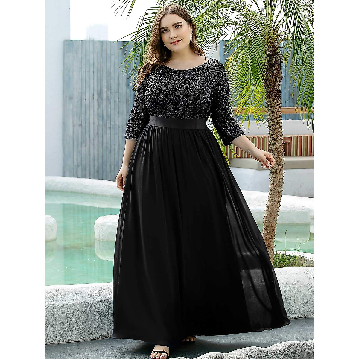 Ever-Pretty Women's Round Neck Maxi Dresses Sequin Plus Size Formal Dresses for Women Black US24