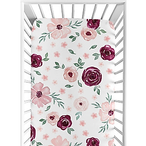 Sweet Jojo Designs Burgundy Watercolor Floral Girl Fitted Crib Sheet Baby or Toddler Bed Nursery - Blush Pink, Maroon, Wine, Rose, Green and White Shabby Chic Flower Farmhouse