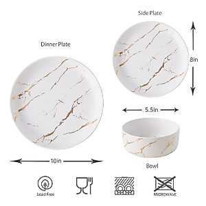 Pokini Gold Splash Dinnerware Sets, 12-Pieces Plates and Bowls Sets, Modern Marble Porcelain, Dishes Set for 4, White