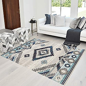 Handcraft Rugs-Southwestern Native American Modern / Faded Area Rug - Bone Gray / Navy Blue / Ivory / Aqua