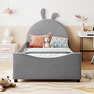 FANYHOME Twin Size Upholstered Daybed with Rabbit Ear Shaped Headboard, Modern Low Profile Bed with Sturdy Wooden Slats Support, Wooden Daybed Frame for Kids Boys Girls, No Box Spring Needed,Gray
