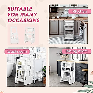 Qaba Toddler Tower with Adjustable Height, Toddler Kitchen Stool Helper with Anti-Slip Mat, Step Stool for Kitchen, Bathroom, White
