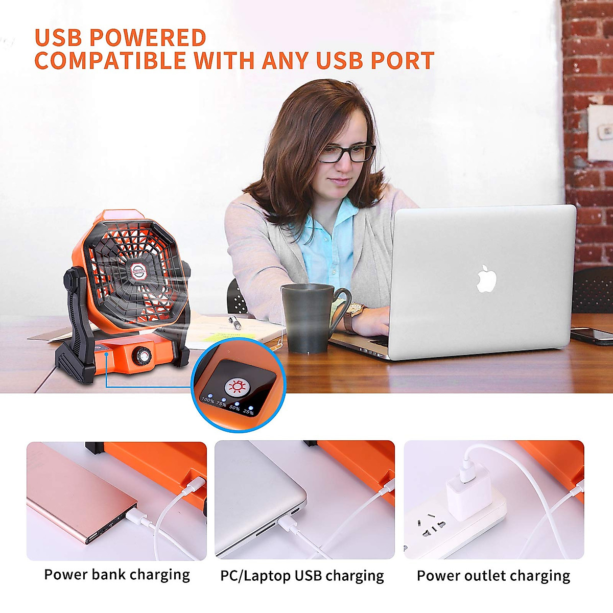 Outdoor Camping Fan with LED Lantern and Hook, Small Personal USB Desk Fan Portable Rechargeable Battery Operated Fan,Fan for Tent Camping,Cordless Travel Fan Office,Home,Table,Bedroom Traveling