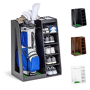 GoSports Premium Wooden Golf Bag Organizer and Storage Rack – Black, Brown, and White