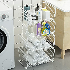 PUSDON 4-Tier Stackable Metal Storage Baskets, Anti-Rust Fruit Vegetable Rack, Dual Use Shelf for Kitchen, Home & Office, White