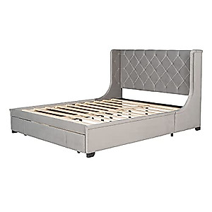 TARTOP Queen Size Bed Frame with Storage Drawers, Queen Velvet Upholstered Platform Bed with Wingback Headboard/Strong Wooden Slats/Easy Assembly,Gray