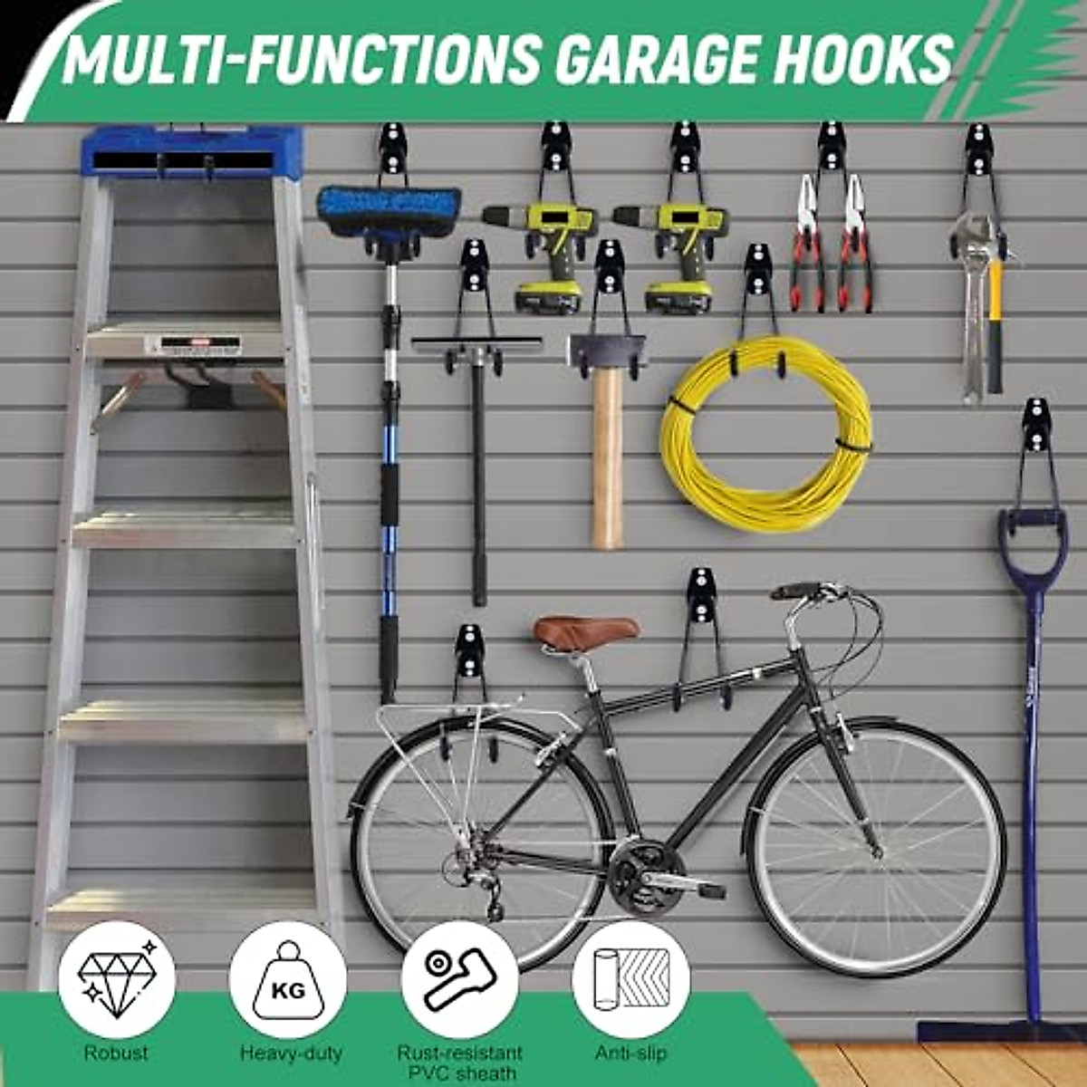 Fippy 4PCS Heavy Duty Garage Hooks for Hanging Tools, 7.5inch Large Garage Storage Hooks, Utility Wall Mount Garage Hooks for Hanging Ladder Bikes Ropes Yard Tools (Black, Large U)