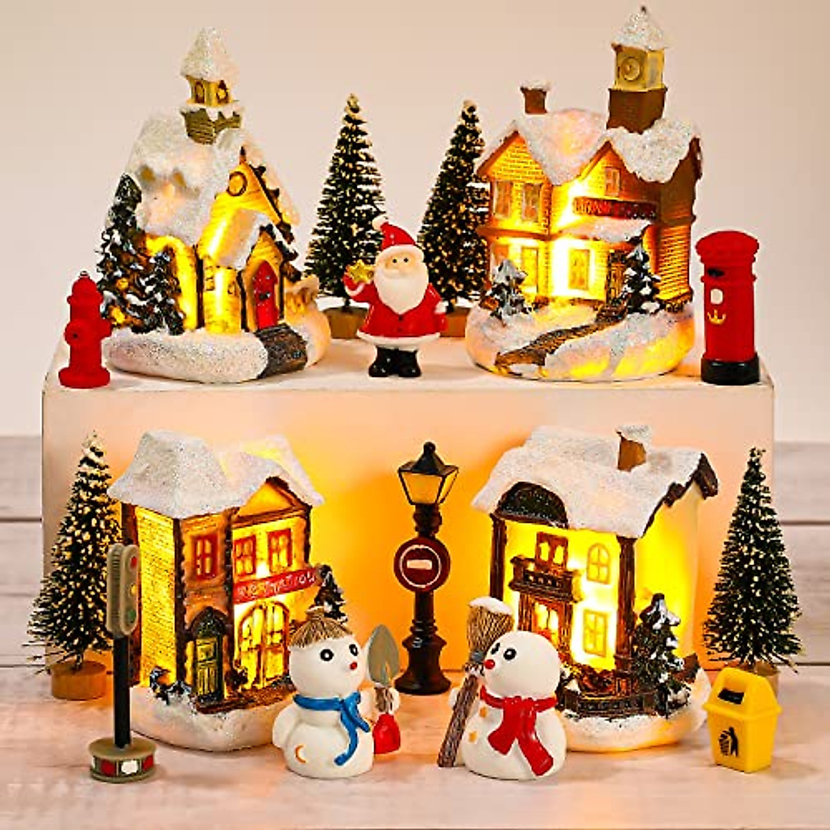 16 Pieces Christmas Village Set - Battery Operated Houses, Xmas Town Scene Desktop Ornament, Figurines, Accessories, Resin Buildings, Landscape Decor