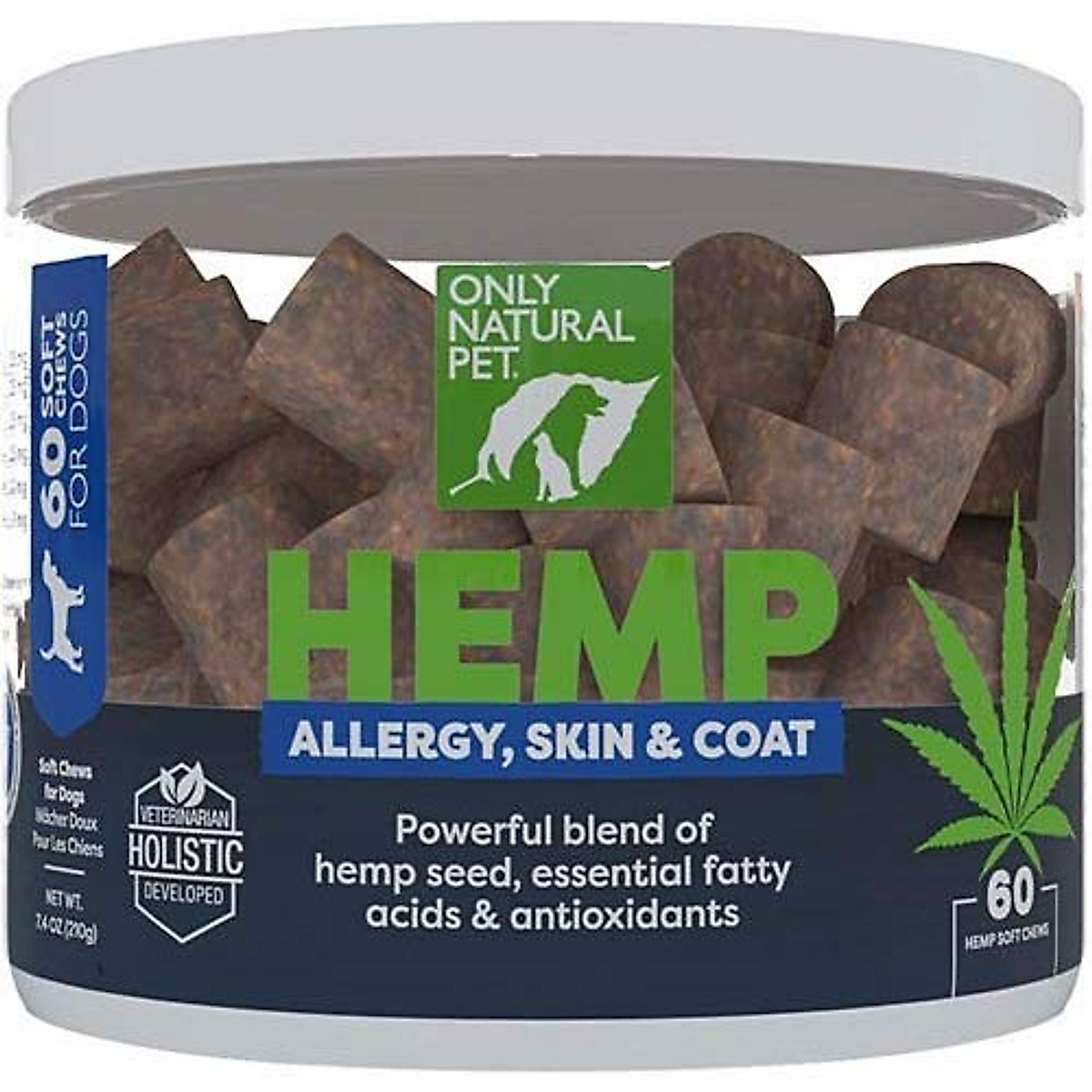 Only Natural Pet Allergy, Skin & Coat Hemp Soft Chews - Allergy Immune Bites for Dogs, Omega 3 Supplement, Hemp Oil - Calming Treats for Itchy Skin Relief, Hot Spot - (60 Count)
