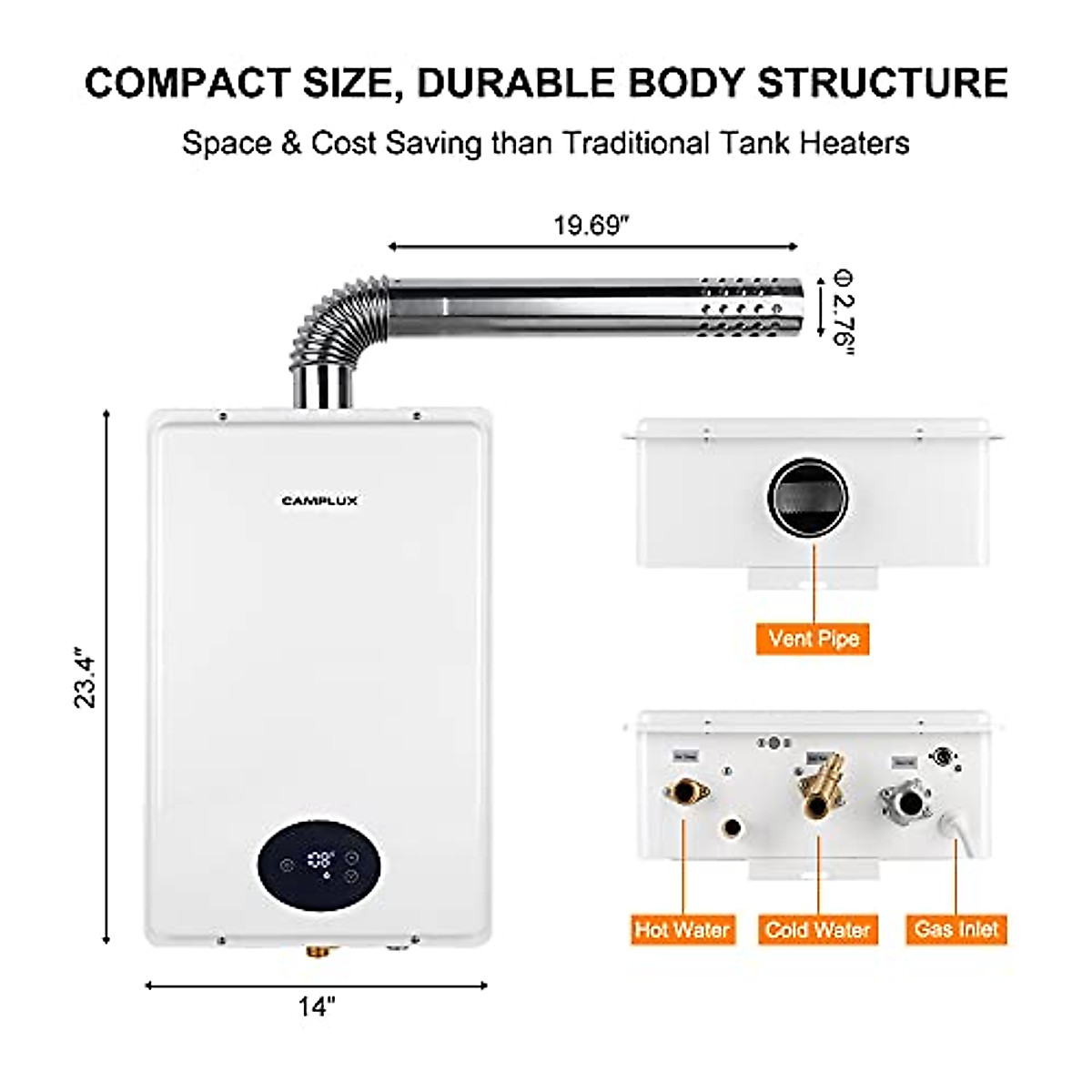 Tankless Water Heater, Camplux 5.28 GPM Water Heater Natural Gas, Tankless Hot Water Heater For Whole House, Indoor, White
