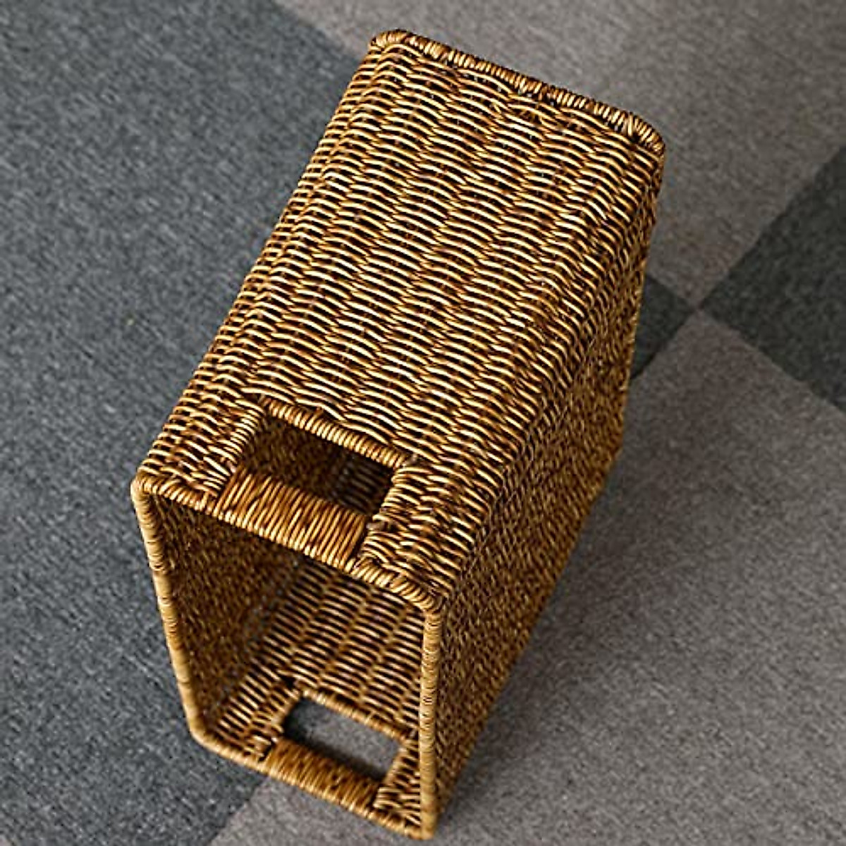 Bddalpke Hand-Woven Basket Plastic Rattan Sundries Storage Bins Japanese Style Finishing Basket for Closets Bedroom Magazine Newspaper Home Decor (Dark Brown)