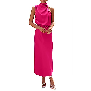 PRETTYGARDEN Women's 2024 Summer Satin Dress Elegant Sleeveless Mock Neck Cocktail Party Maxi Dresses (Rose Red,Small)