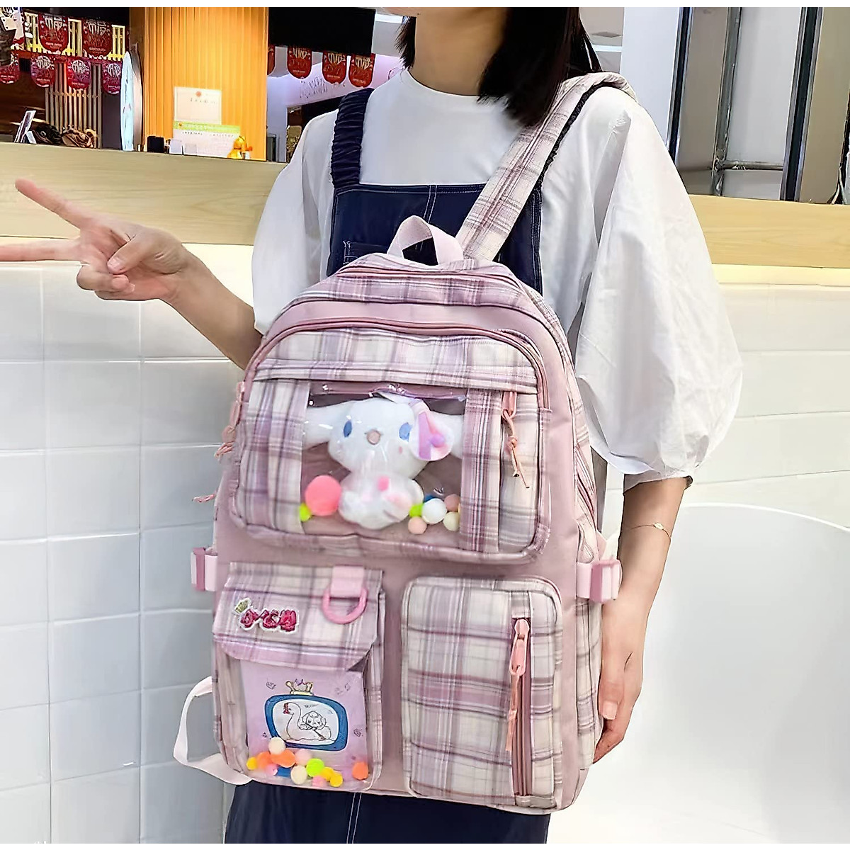 LaurelTree Kawaii Aesthetic Cute 4pcs School Bags Set with Accessories School Suppliers for Teens Girls Backpack Tote Bag (Pink)