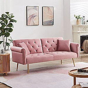 ERYE Futon Sofa Loveseat Convertible Sleeper Couch Bed for Small Space Apartment Office Living Room Furniture Sets Sofabed, Pink Velvet with 2 Pillows 5 Legs Nailhead Decor