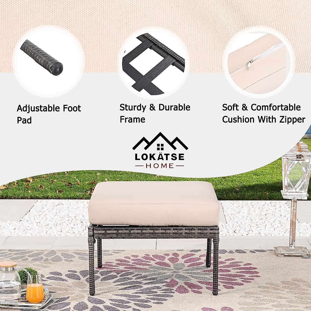 LOKATSE HOME 2 Piece Outdoor Footstool Patio Ottoman with Soft Thick Cushion for Garden Yard Deck Sunroom, Beige