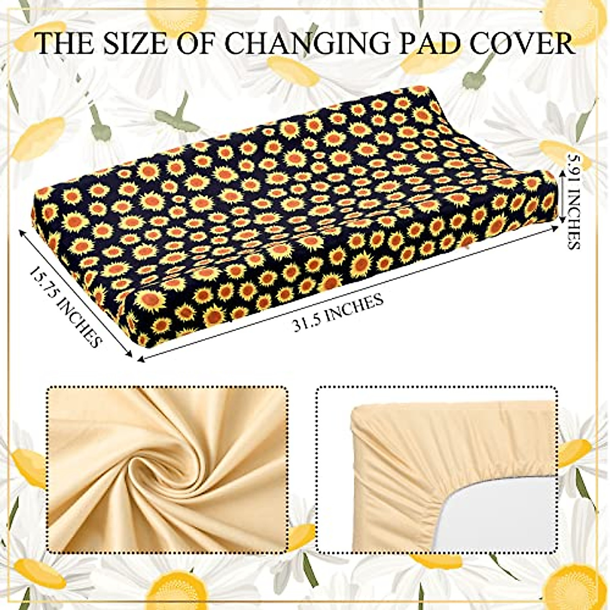 4 Pieces Muslin Sunflower Changing Pad Cover Diaper Floral Change Table Sheets Nursery Changing Pad Sheets Diaper Pad Cover for Baby Boys Girls, 31.5 x 15.75 Inches