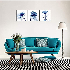 Wieco Art Blue Abstract Flowers 3 Panels Giclee Canvas Prints Wall Art Modern Pictures Artwork for Living Room Bedroom and Home Decorations