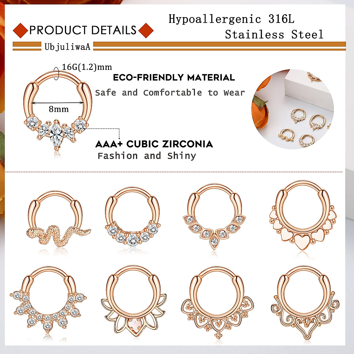 Ubjuliwa 9Pcs Septum Jewelry 16G Daith Earrings Hinged Hoop Nose Rings 316L Stainless Steel Septum Clicker CZ Rings for Women Rose Gold Cartilage Helix Tragus Rook Hoop Daith Earrings 8MM Style B