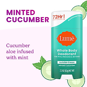Lume Whole Body Deodorant - Invisible Cream Stick - 72 Hour Odor Control - Aluminum Free, Baking Soda Free, Skin Safe - 2.2 Ounce (Minted Cucumber)