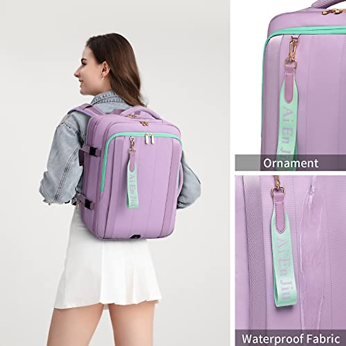 AI EN JIU Travel Backpack for Women Men, 50L Expandable Carry On Backpack 17.3 inch Laptop Backpack with USB Port, Waterproof Business Luggage Traveling Backpack with 3 Mesh Bags & 1 Shoe Bag, Purple