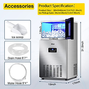 Upgraded Commercial Ice Maker Machine 130LBS/24H with 35LBS Storage Bin,15Inch Wide Ready in 11-20 Mins Under Counter/Freestanding Stainless Steel Gravity Drainage Large Ice Machine