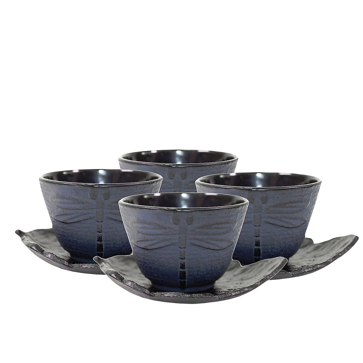4 Black Tea Saucers and 4 Blue Dragonfly Cast Iron Teacups Hobnail Dot Japanese Styel ~ We Pay Your Sales Tax